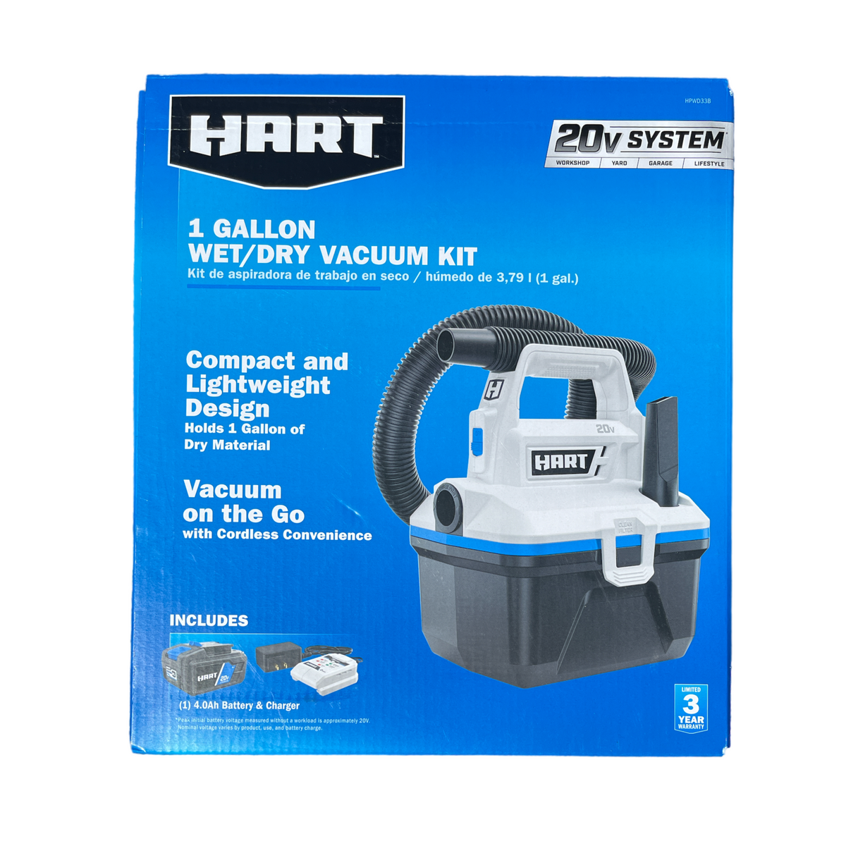 HART 20-Volt Cordless 1-Gallon Wet/Dry Vacuum Kit with 4.0 Ah Battery ...